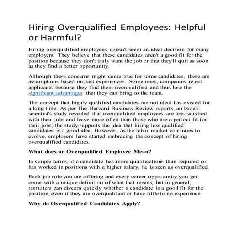 Hiring Overqualified Employees: Helpful or Harmful? | PDF | Career ...