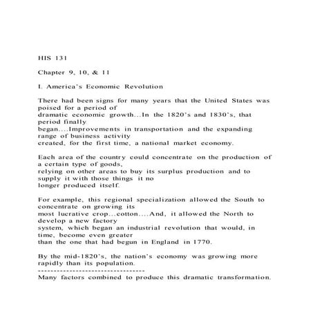 HIS 131Chapter 9, 10, & 11I. America’s Economic Revolu | PDF