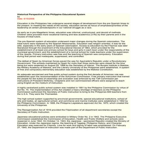 Historical perspective of the philippine educational system | DOCX ...