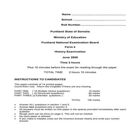 History 2006 PNEB (PUNTLAND NATIONAL EXAMINATION BOARD) | DOC
