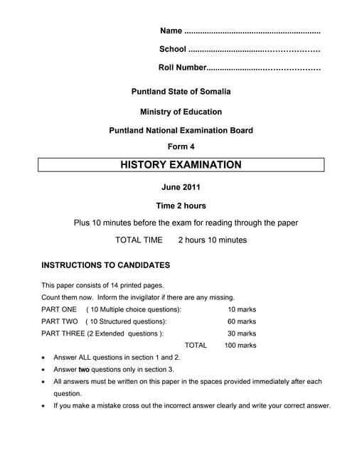 History 2007 PNEB (PUNTLAND NATIONAL EXAMINATION BOARD) | PDF