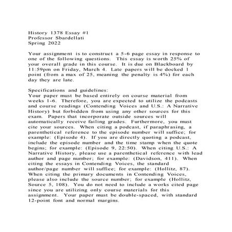 History 1378 Essay #1Professor SbardellatiSpring 2022Your | DOCX ...