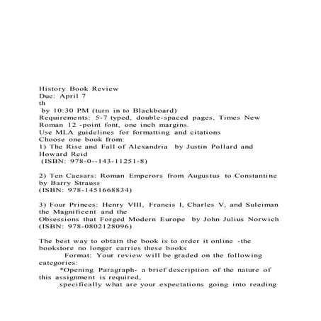 History Book Review Due April 7th by 1030 PM | DOCX | Fiction | Books ...
