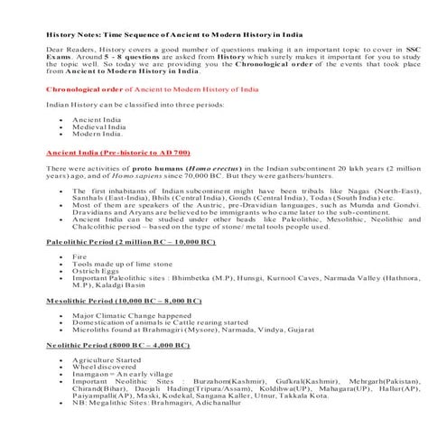 History notes time sequence of ancient to modern history in india | DOCX