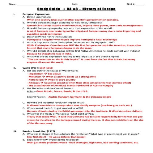 History of Europe Study Guide Key | DOC