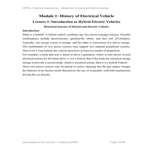 History and development of Electric vehicles and basics | PDF