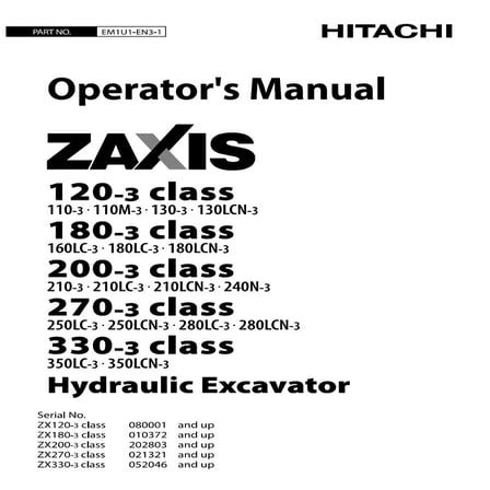 HITACHI ZAXIS 180-3 Class Hydraulic EXCAVATOR Operator manual SN 010372 ...