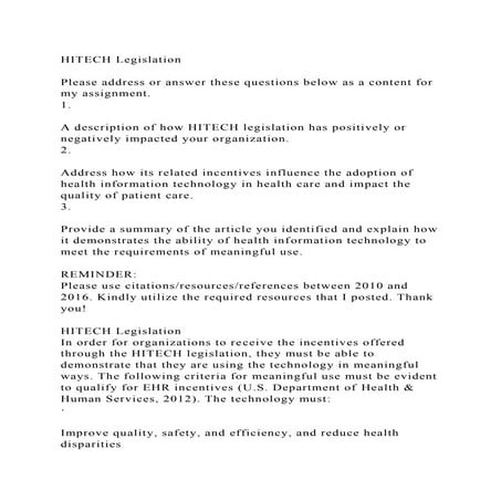 HITECH LegislationPlease address or answer these questions below.docx