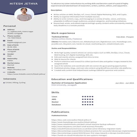 This is a resume of Hitesh Jethva, Technical writer and blogger | PDF