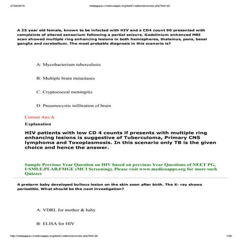 Hiv aids sample questions based on neet pg , usmle, plab and fmge ...