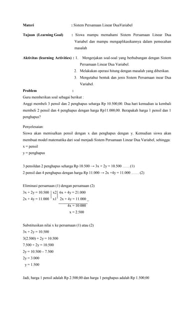 PPT Sistem Persamaan Linear Dua Variabel | PDF