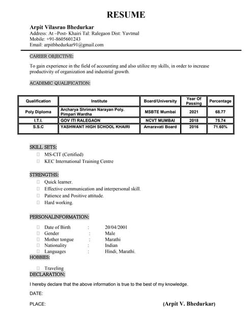 Resume format akshay d3eshmukh resum | DOCX