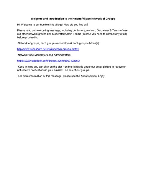 Hmong village network welcoming note | PDF