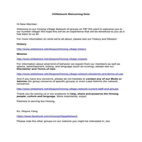 Hmong village network welcoming note | DOCX