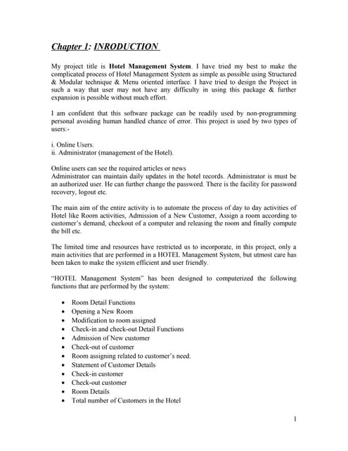 Project Proposal document for Hotel Management System | PDF