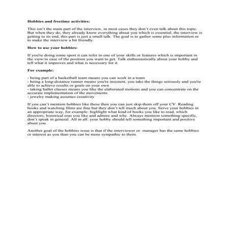 Hobbies interview | DOC | Resume Writing and Advice | Job Search