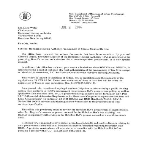 Letter of HUD to Hoboken Housing Chairwoman Dana Wefer | PDF