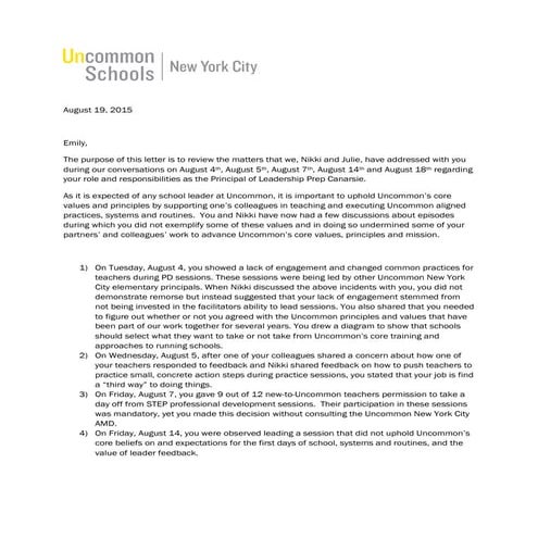 Uncommon Schools Disciplinary Letter | PDF
