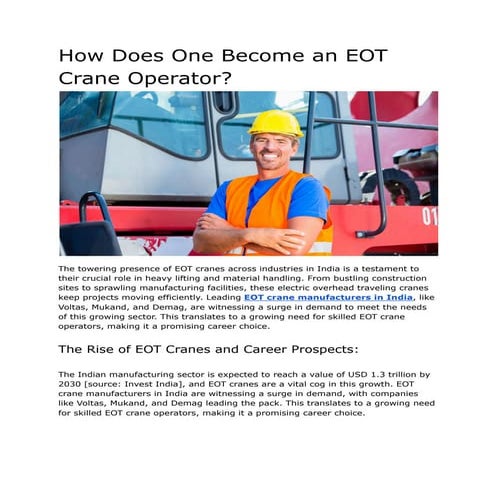 How does one become an EOT crane operator? | PDF
