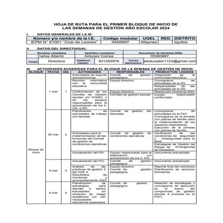 HOJA DE RUTA PARA EL PRIMER BLOQUE DE INICIO DE LAS SEMANAS DE GESTIÓN AÑO ESCOLAR 2024.docx