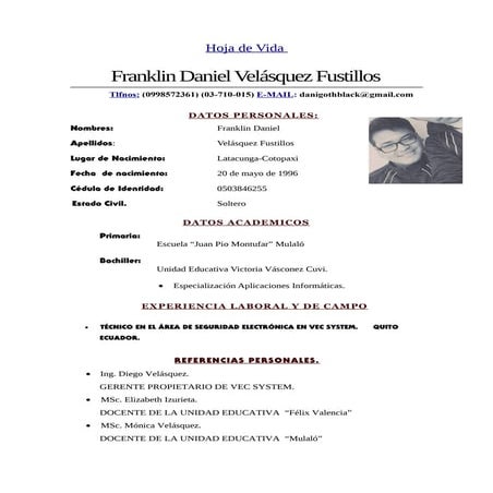 Hoja de vidaaaaaaaaaaaaa d daniel velasquez | DOC