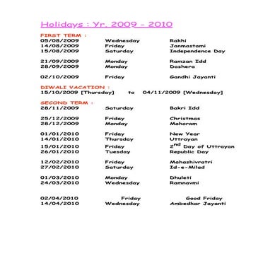 Holidays List 2009-10 | PDF
