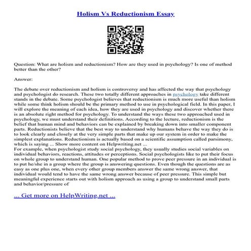 Holism Vs Reductionism Essay | PDF | Educational Assessment | Education