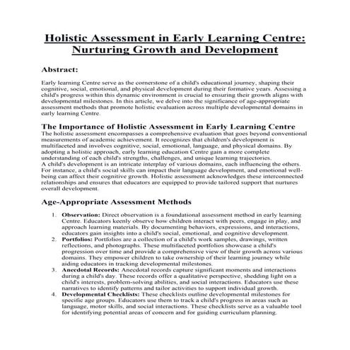 Holistic Assessment in Early Learning Centre: Nurturing Growth and ...
