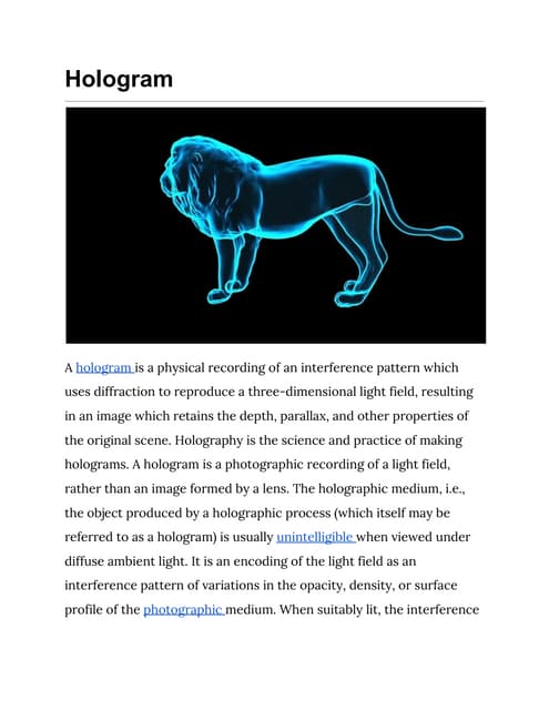 Holography | PPTX | 3-D Graphics | Computer Software and Applications