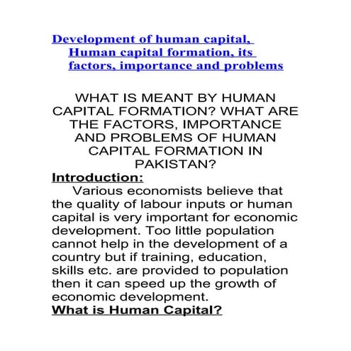 Human capital formation in India project for class 12 | PDF