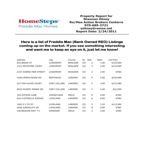 Home Steps Upcoming REO List