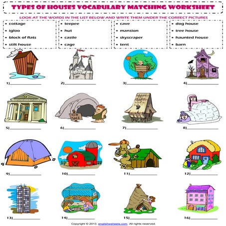 Home house types vocabulary matching exercise worksheet | PDF