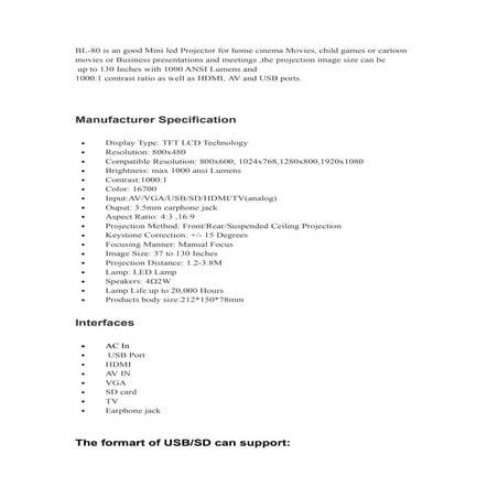 Home led projector bl 80 specification | DOC