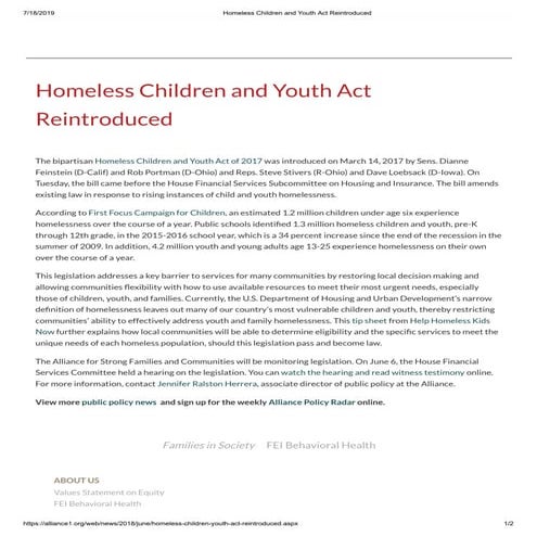 Homeless children and youth act reintroduced | PDF