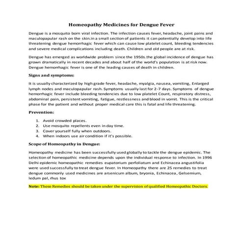 Homeopathy medicines for dengue fever | DOCX