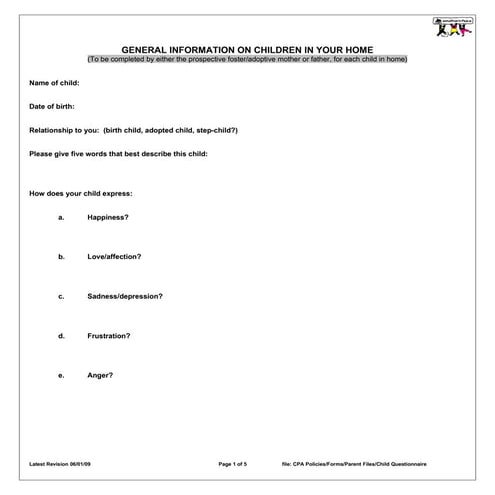 Home Study Questionnaire Child Information | DOC
