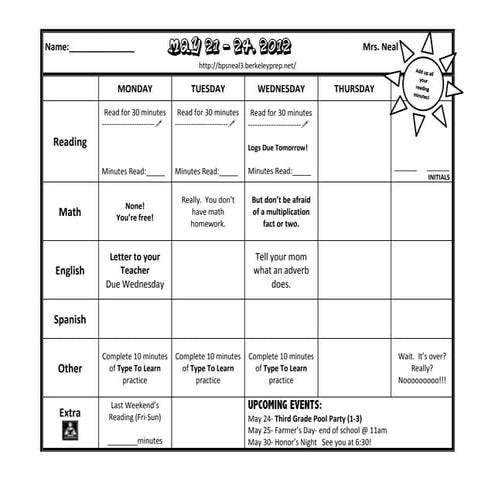 Homework- Last week of school | PDF