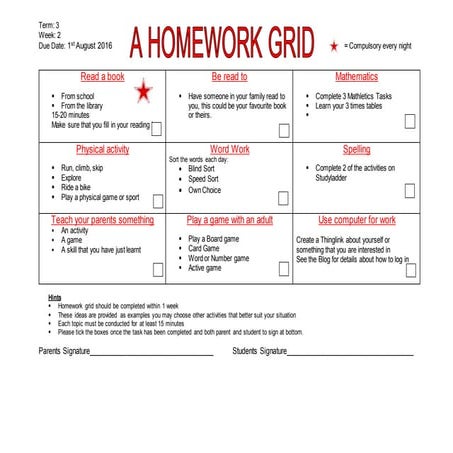 Homework grid week 2 Term 3 | PPT