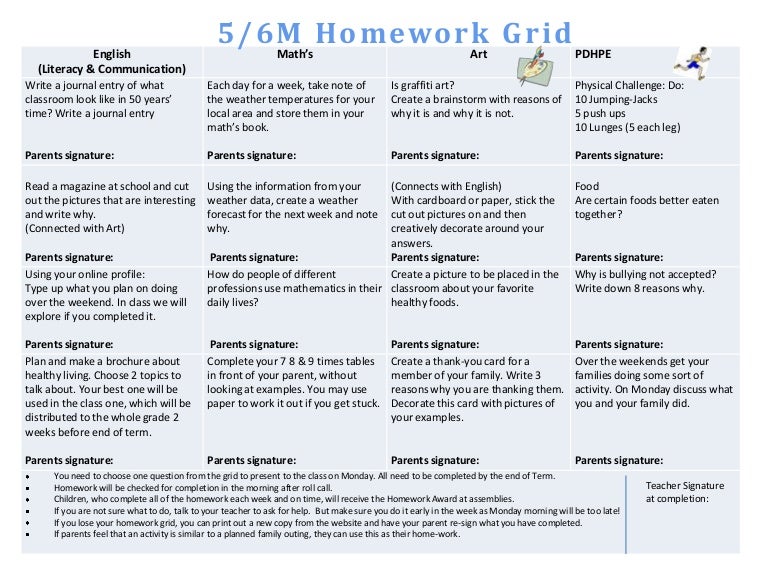 Homework grid completed