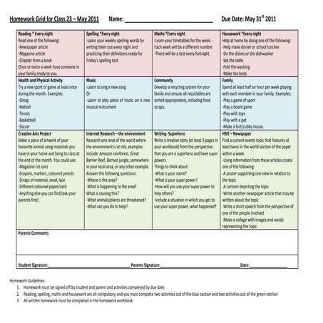 Homework grid for class 23 | DOCX