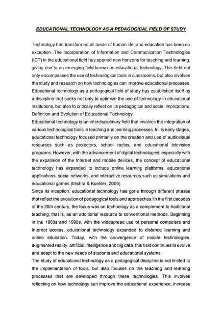 Topic: Educational Technology as a Field of Pedagogical Study | PDF