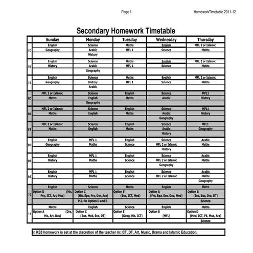 Homework timetable 2011-12 | XLS