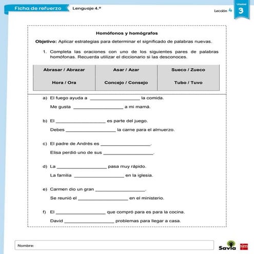 Hoja De Trabajo De Homófonos Y Homógrafos MiÃ©rcoles, 25 De Junio