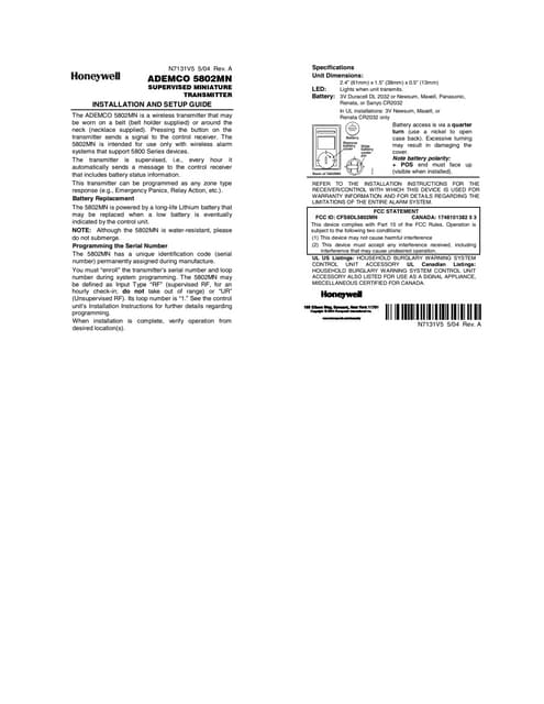 Honeywell 5804bdv-user-guide | PDF