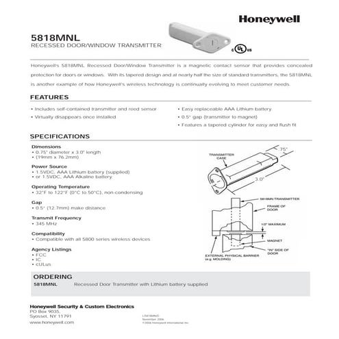 Honeywell 5818mnl-data-sheet | PDF
