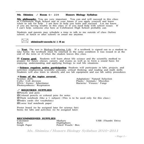 Honors bio syllabus 2010-11 | DOC | Secondary Education | Education