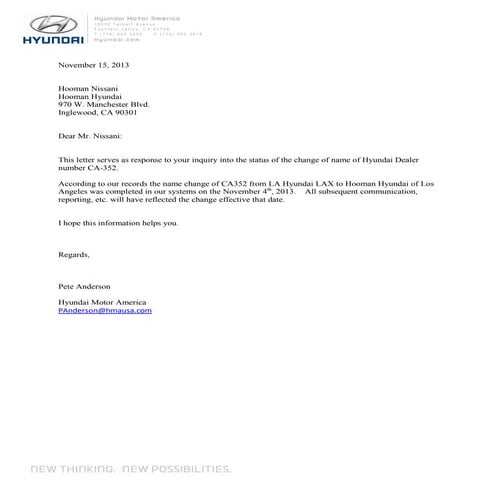 Hooman Hyundai name changed from L.A. Auto Center At LAX - letter from ...