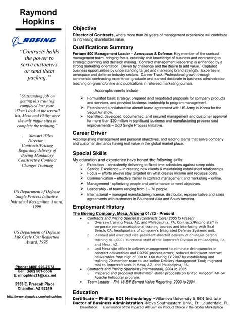 Raymond Hopkins, Contracts and pricing core at Boeing company