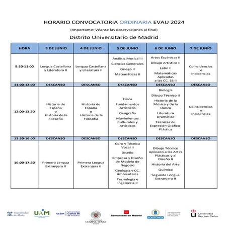 Horarios Exámenes EVAU Ordinaria 2024 de Madrid | PDF