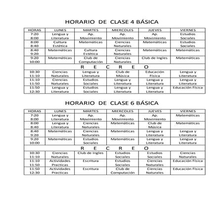 Horarios de clase de escuela | DOCX